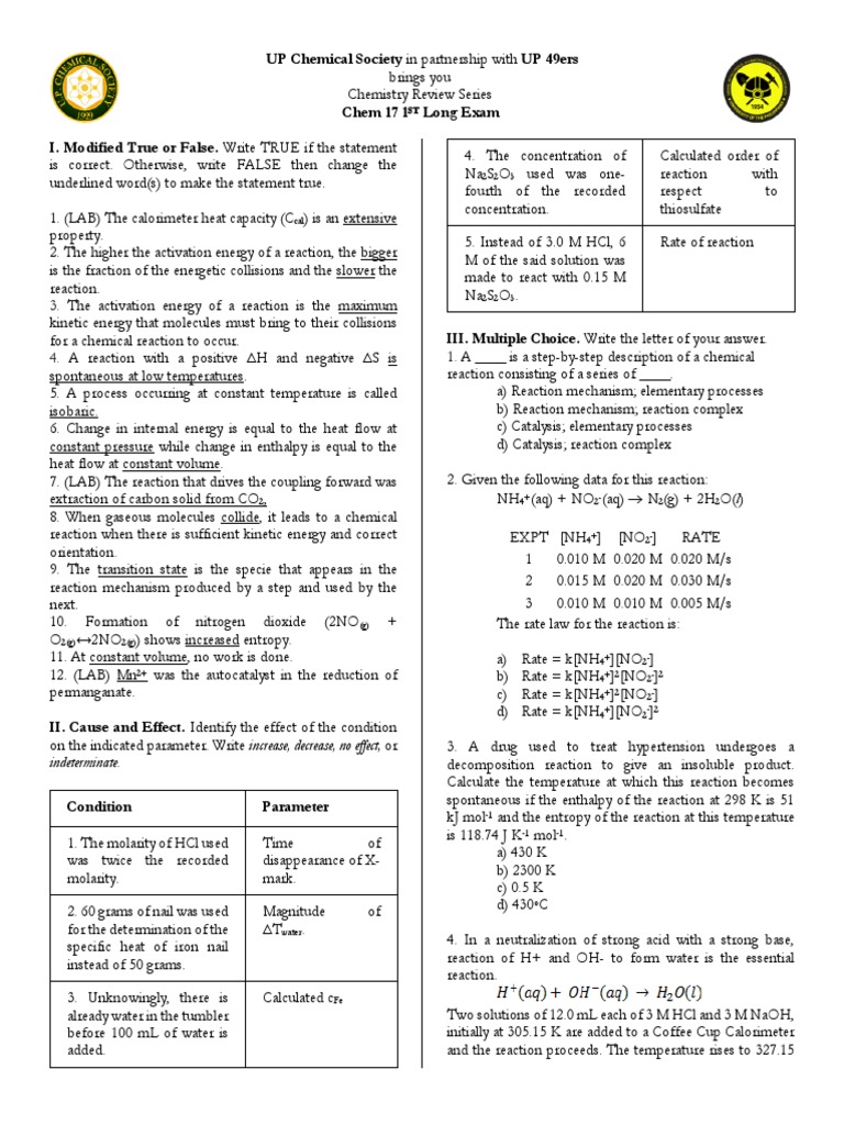 Chem 17 - LE 1 (2nd Sem) | PDF | Reaction Rate | Chemical Reactions