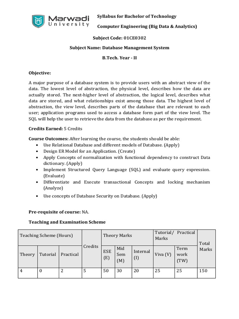 01ce0302 Database Management System 1 | PDF | Relational Database | Databases