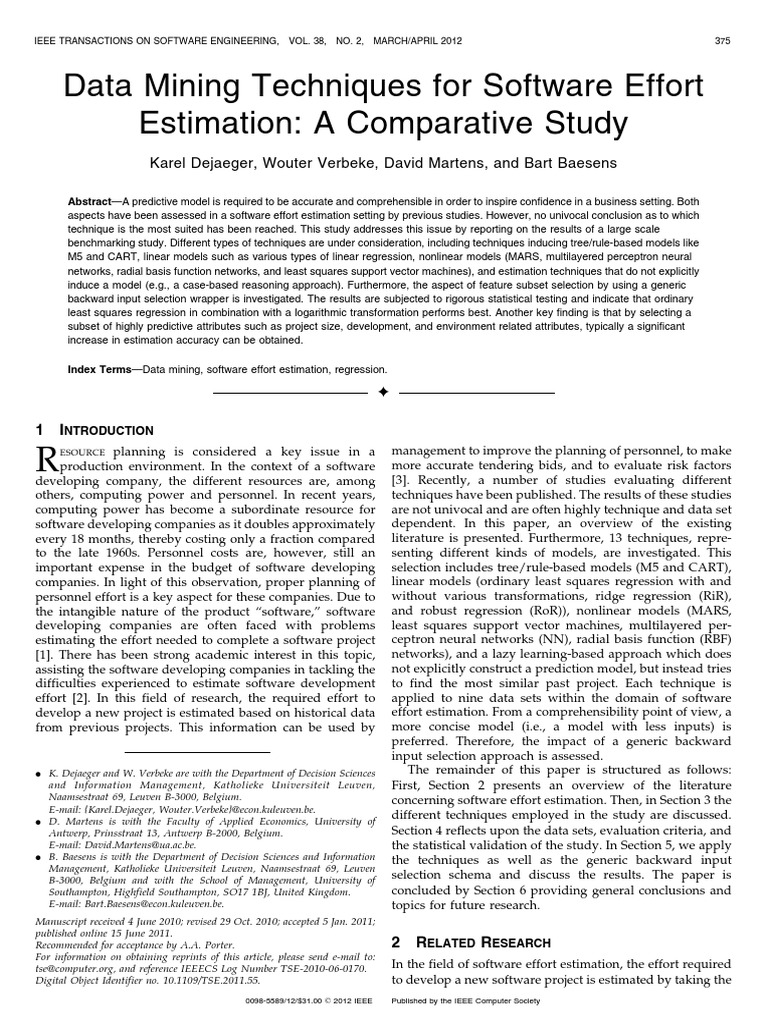 Data Mining Techniques For Software Effort Estimation: A Comparative Study | PDF | Regression ...