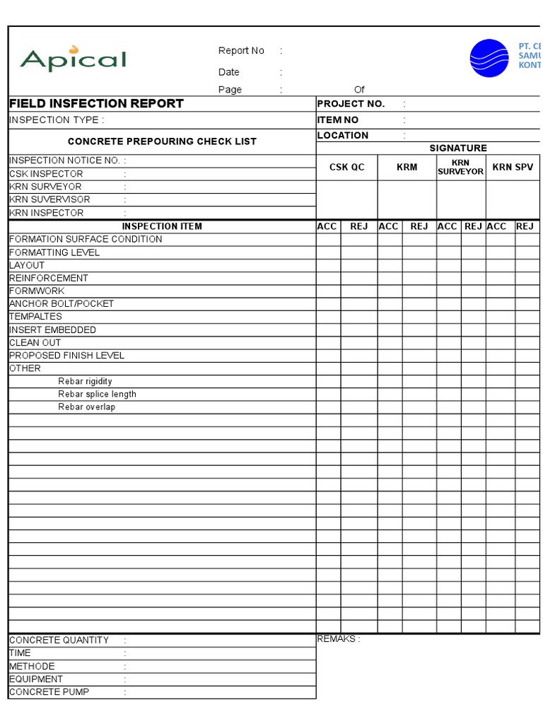 Concrete Prepouring Inspection Report | PDF