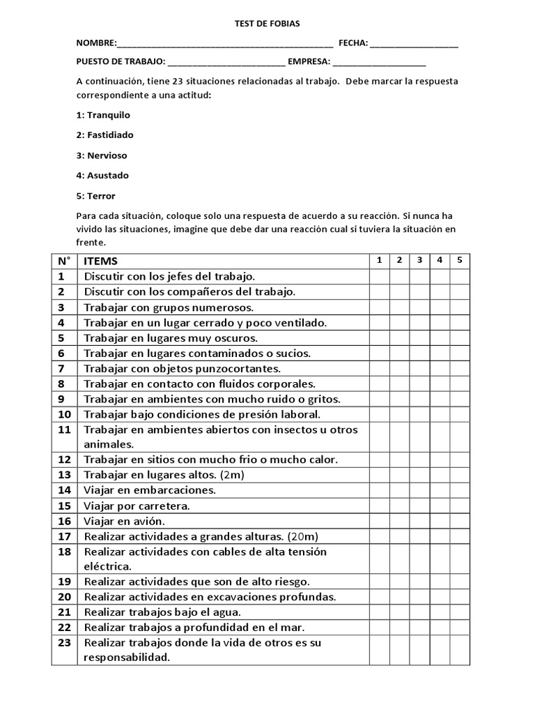 Cuestionario de Fobias | PDF | Artes del Lenguaje y Comunicación ...