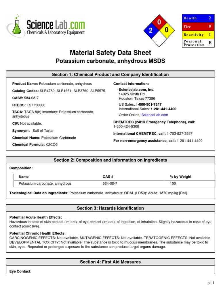 Potassium Carbonate, Anhydrous MSDS: Section 1: Chemical Product and ...