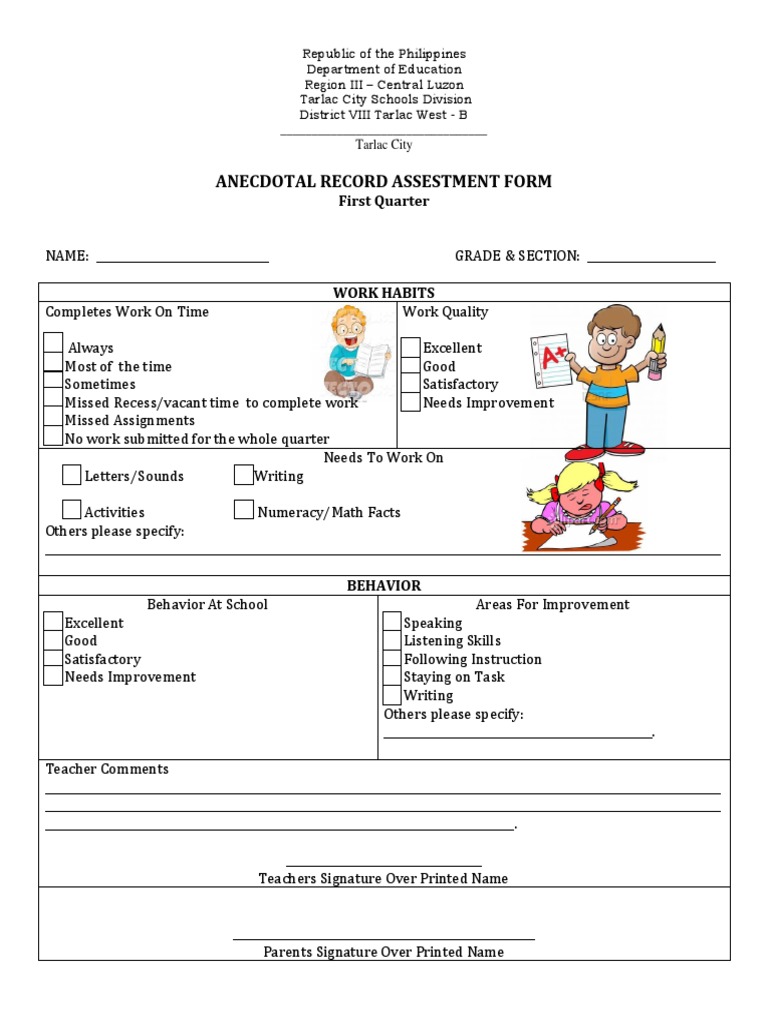 Anecdotal Record Assestment Form: First Quarter | PDF | Teaching ...