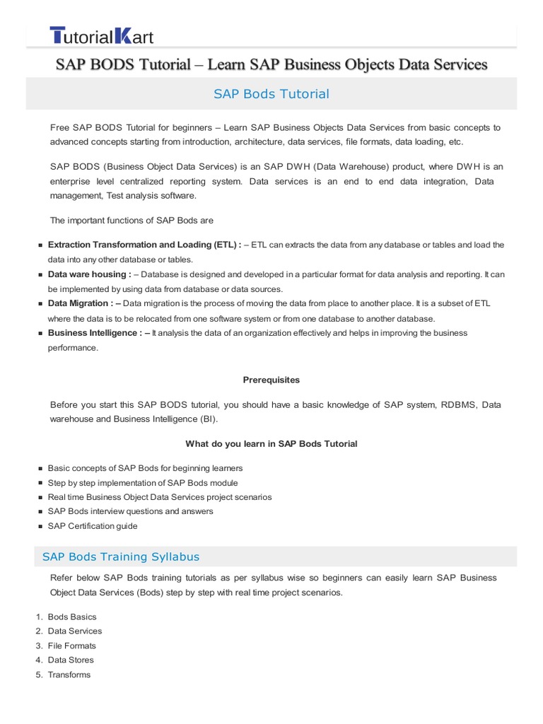 SAP BODS Tutorial - Learn SAP Business Objects Data Services | PDF
