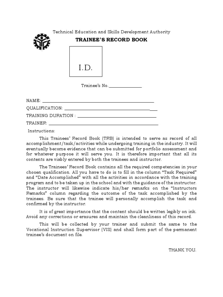 TESDA Trainee Record Book | PDF | Learning | Cognition