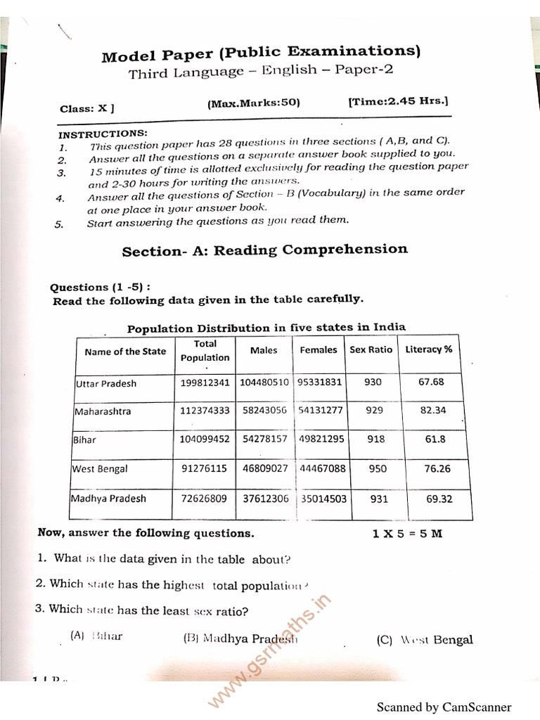 10th English Paper 2 New Pattern 2019-20 Gsrmaths - in | PDF