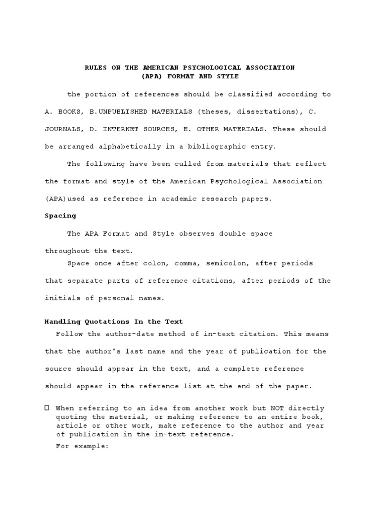 Rules On The American Psychological Association (Apa) Format and Style ...