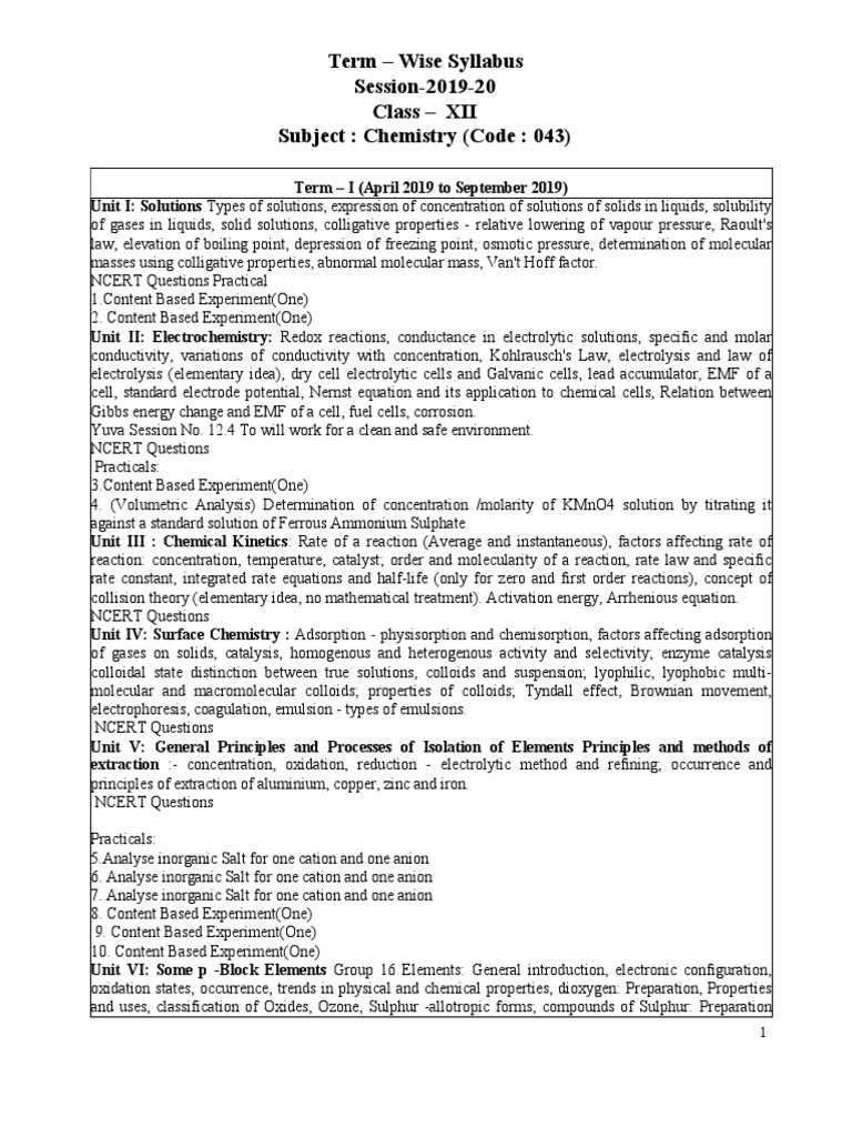 Term - Wise Syllabus Session-2019-20 Class - XII Subject: Chemistry ...