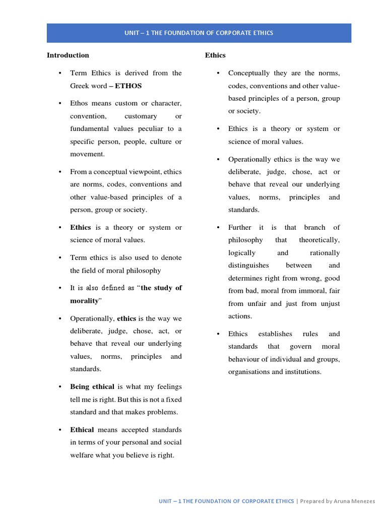 Ethics: Unit - 1 The Foundation of Corporate Ethics | PDF | Business Ethics | Morality