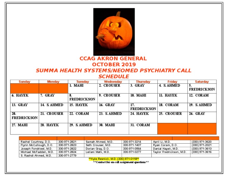 Summa Health Systems/Neomed Psychiatry Call Schedule: Ccag Akron ...