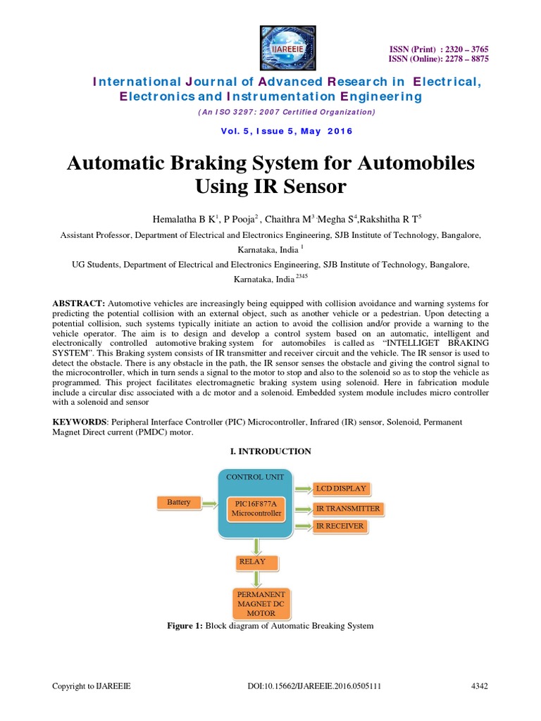 Automatic Braking System For Automobiles Using IR Sensor: I J A R E E I ...