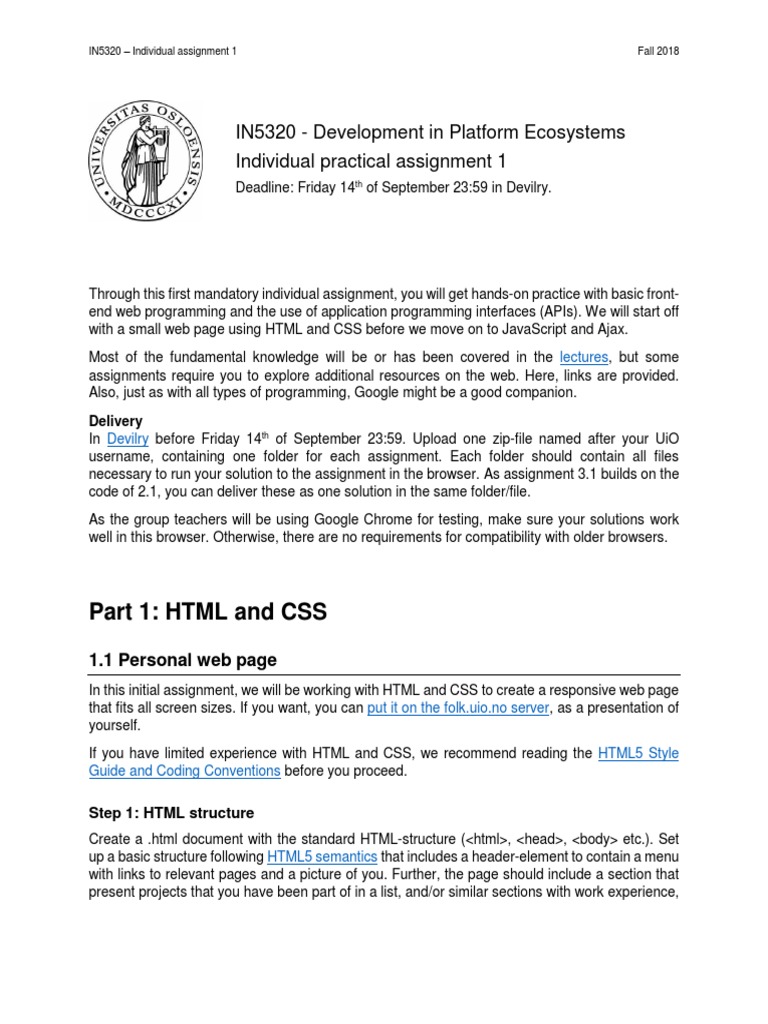 Part 1: HTML and CSS: IN5320 - Development in Platform Ecosystems Individual Practical ...