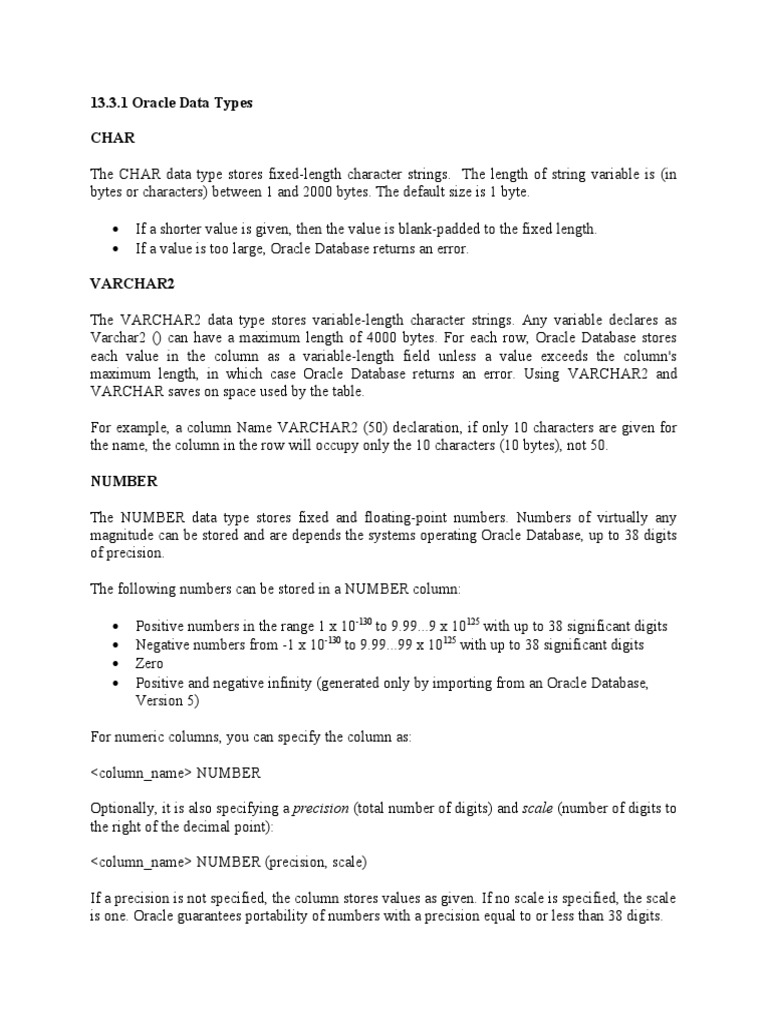 13.3.1 Oracle Data Types Char | PDF | String (Computer Science) | Data Type