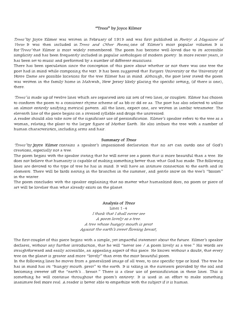 "Trees" by Joyce Kilmer | PDF | Poetry