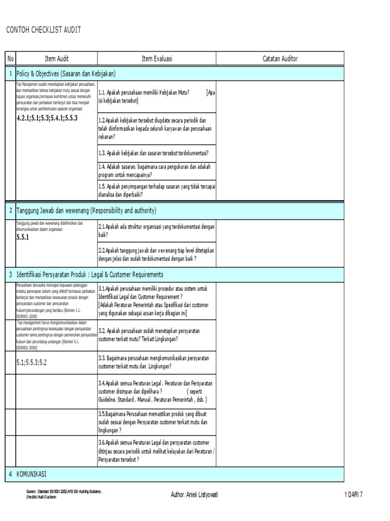 Contoh Checklist Audit Internal ISO 9001 | PDF
