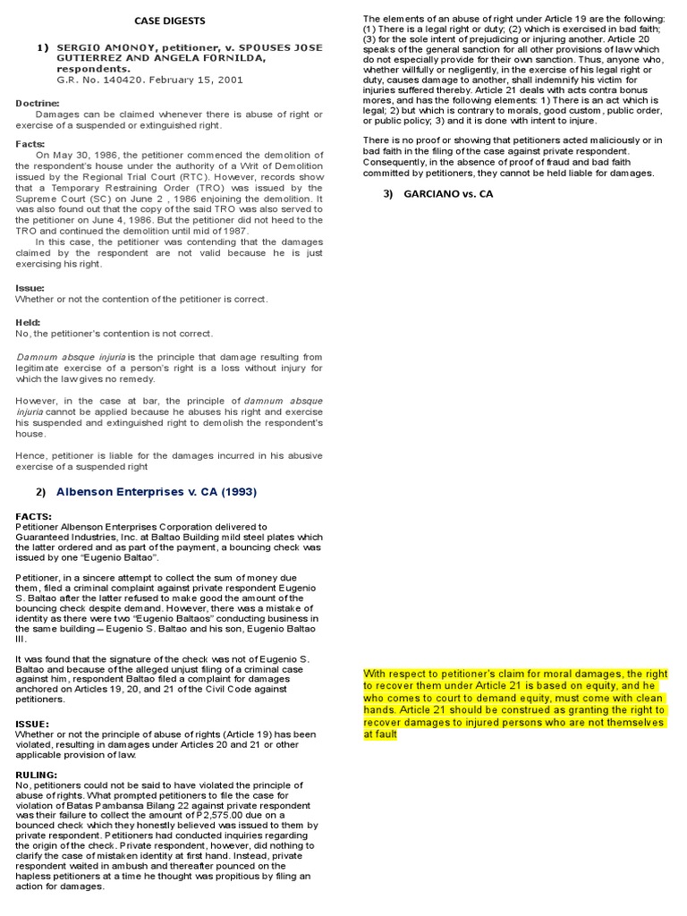 Case Digest | PDF | Lawsuit | Damages