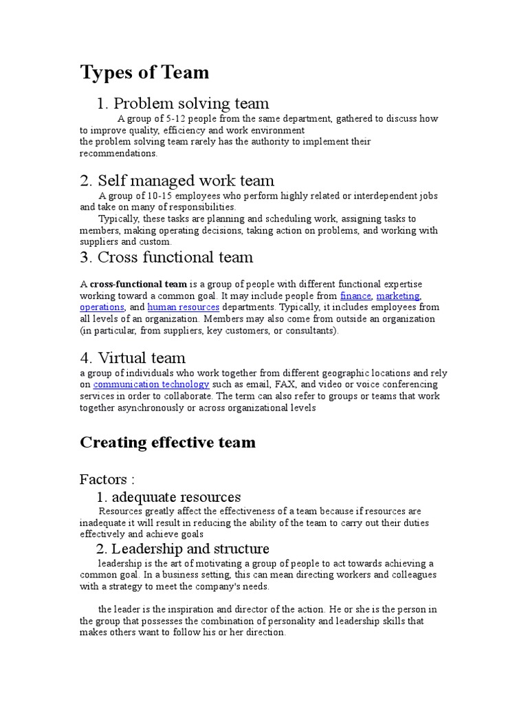 Types of Team | PDF | Goal | Leadership