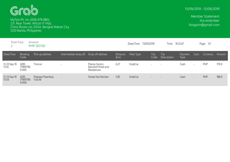 Grab Statement For Lito Estember | PDF