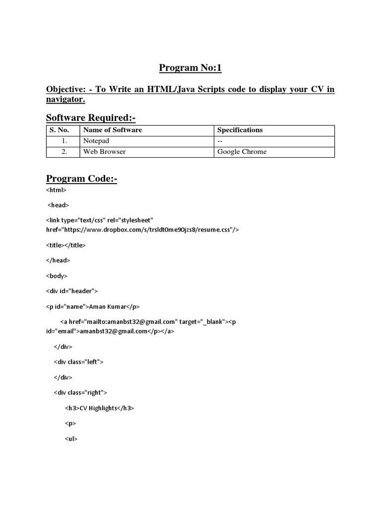 Program No:1: Objective: - To Write An HTML/Java Scripts Code To Display Your CV in Navigator ...