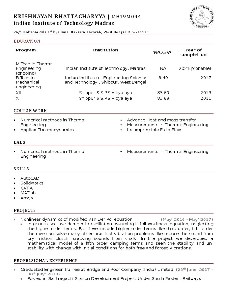 Resume - Template Iitm Internship | PDF | Engineering | Petroleum