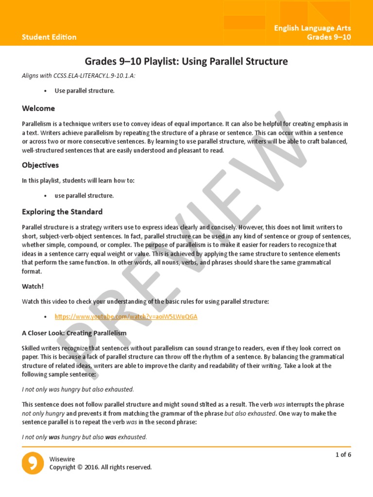 Preview: Grades 9-10 Playlist: Using Parallel Structure | PDF | Phrase ...