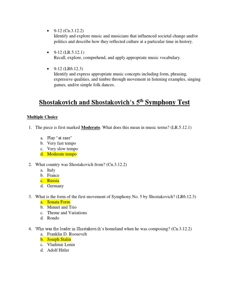 Shostakovich and Shostakovich's 5 Symphony Test: Multiple Choice | PDF ...