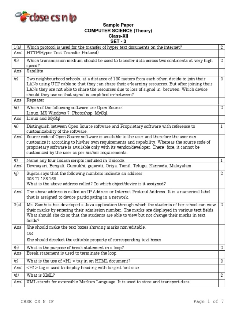 Xii Cbse Informatics Practices Sample Paper Solution Set3 | PDF | Table (Database) | Areas Of ...