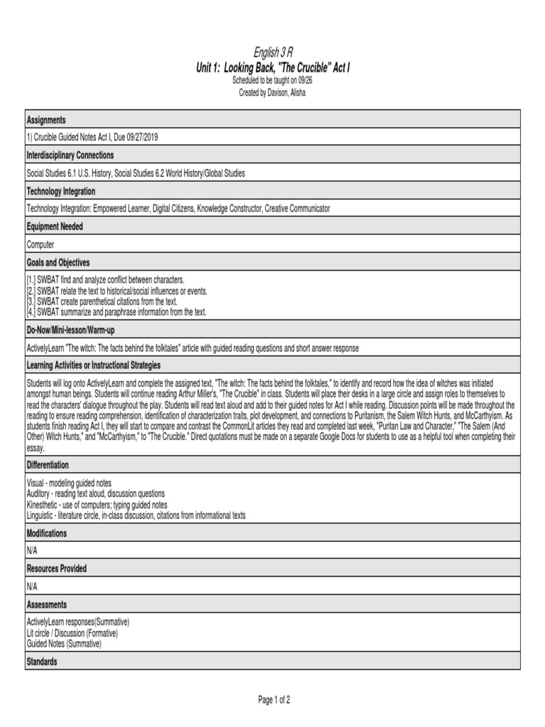 Crucible Lesson Plan 3 | PDF | Psychological Concepts | Cognitive Science