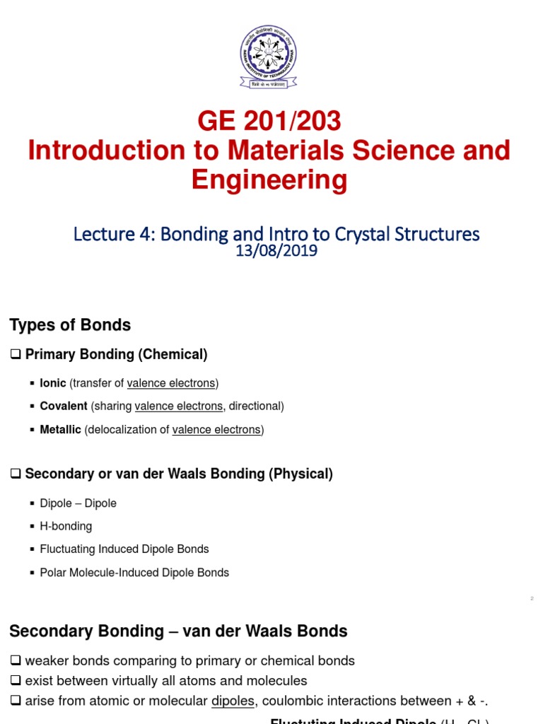 L04 Secondary Bonding and Intro To Crystal Structures | PDF | Chemical ...