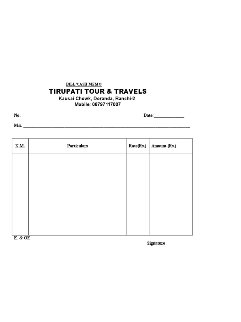 Taxi Bill Format for Tirupati Travels | PDF