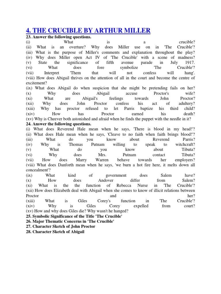 The Crucible by Arthur Miller: 23. Answer The Following Questions | PDF ...