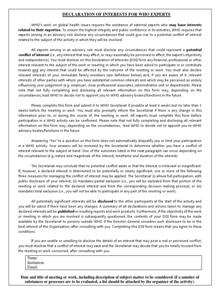 Declaration of Interests For Who Experts | PDF | Conflict Of Interest ...
