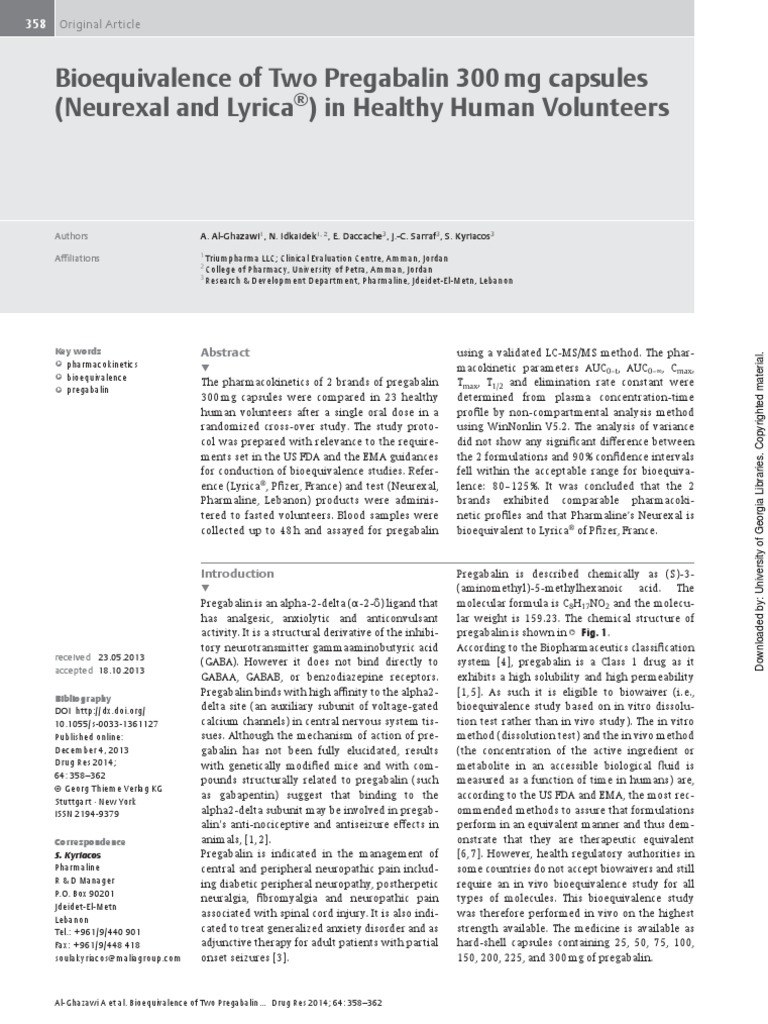 Bioequivalence of Two Pregabalin 300 MG Capsules (Neurexal and Lyrica ...