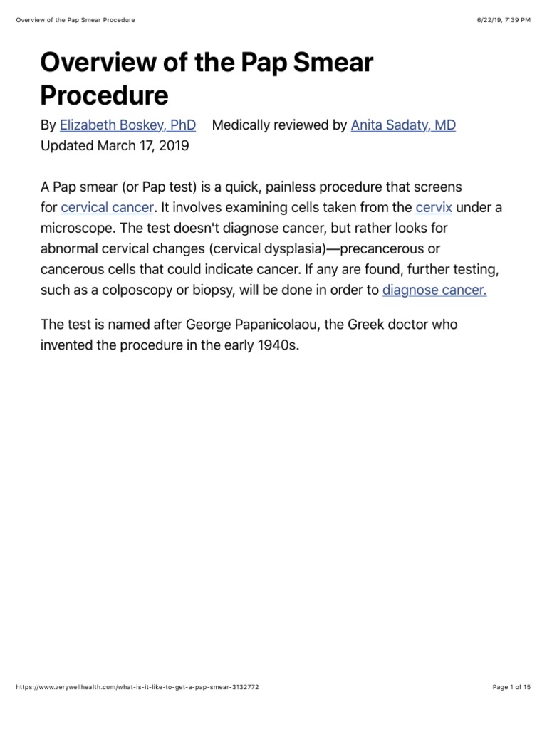 Overview of The Pap Smear Procedure | PDF | Cervical Cancer | Women's ...