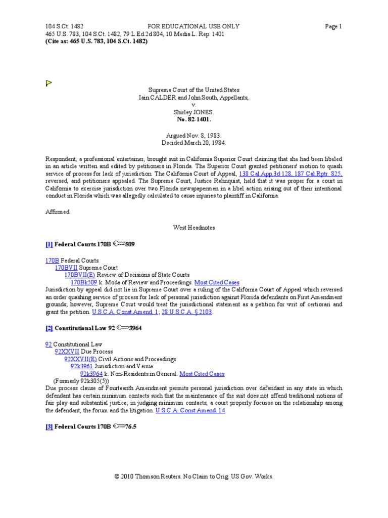 Calder v. Jones | PDF | Minimum Contacts | Supreme Court Of The United ...