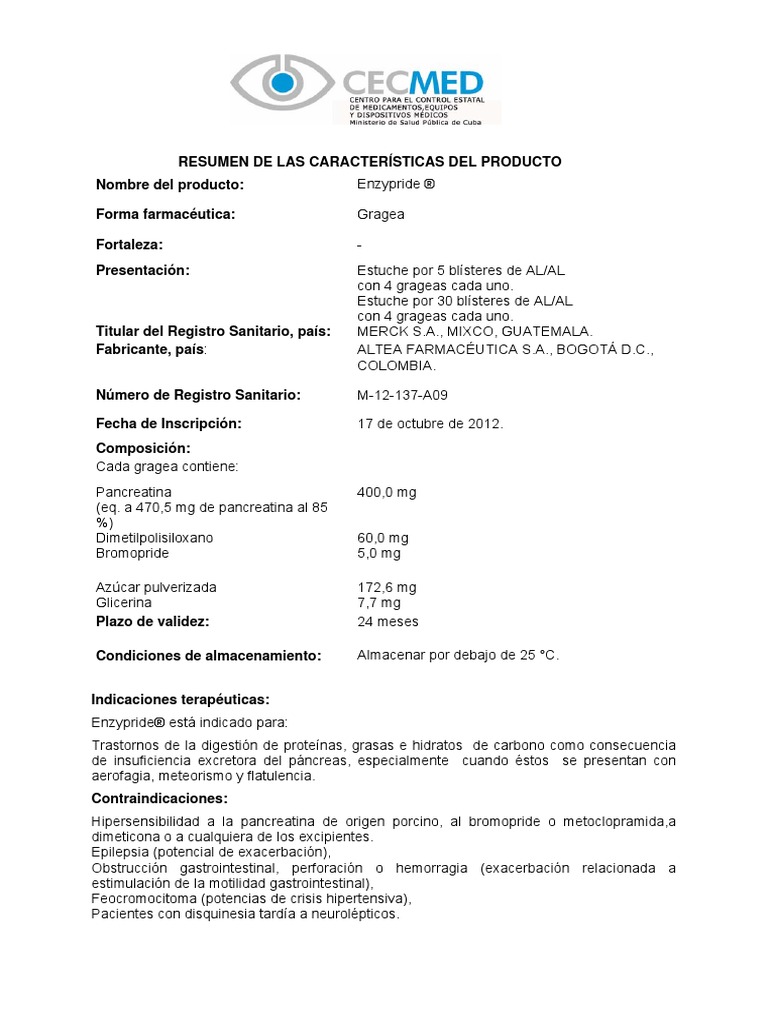 M12137a09 Enzypride Grageas PDF | PDF | Medicamentos con receta | Diarrea