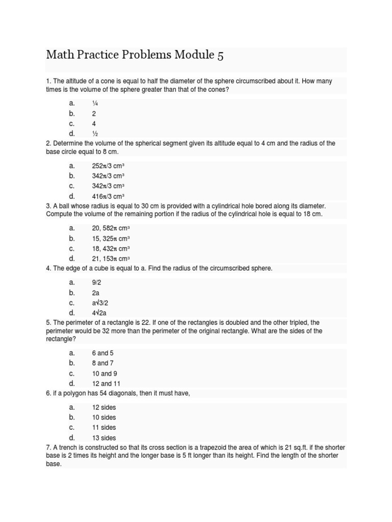 Math Practice Problems Module 5: A. B. C. D | PDF | Sphere | Ellipse