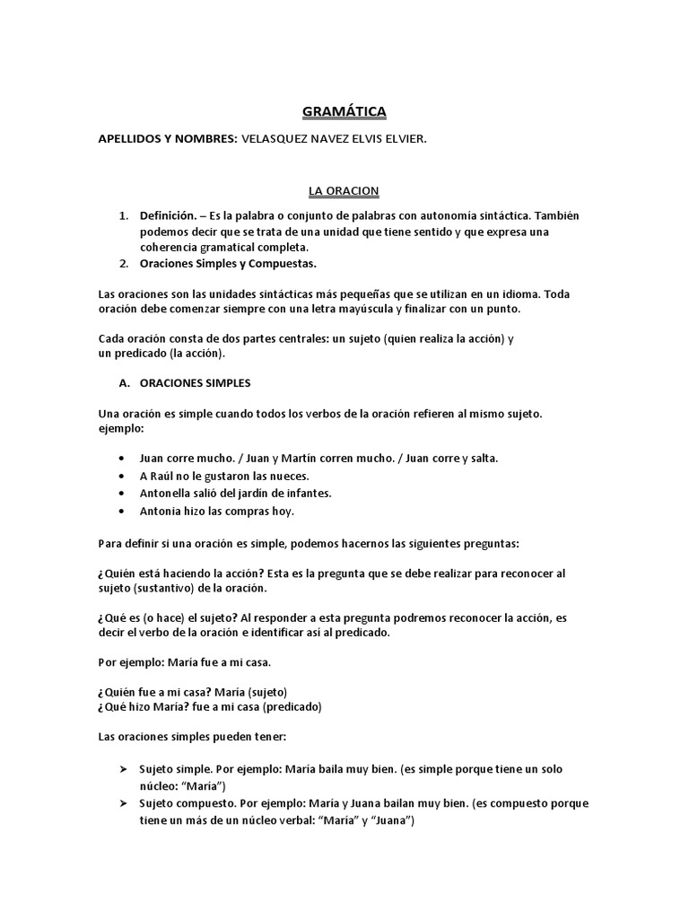 Oraciones Simples y Compuestas | PDF | Oración (Lingüística) | Asunto ...