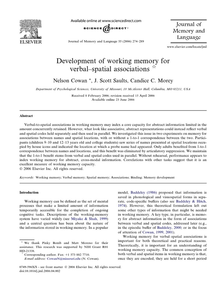 Development of Working Memory For Verbal Spatial Associations 2006 ...