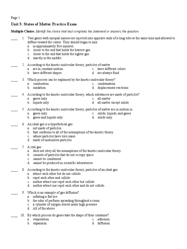 Chem Unit 3 Practice Exam PDF | PDF | Gases | Liquids