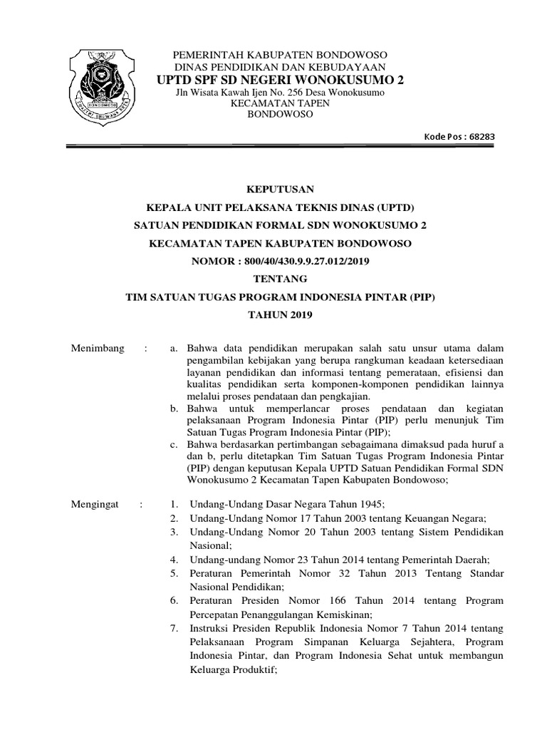 SK Tim Satgas Atau Operator PIP 2019 Untuk Lembaga PDF | PDF