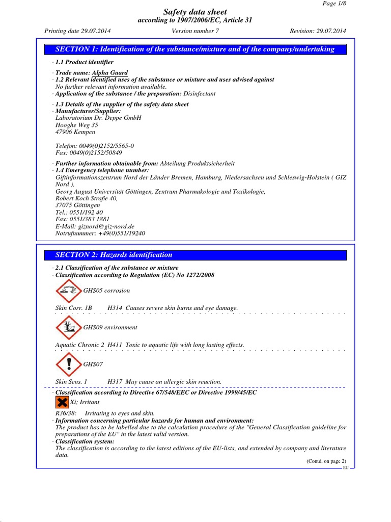 Alpha Guard Safety Data Sheet EU GHS 29.07.2014 Min | PDF | Dangerous ...