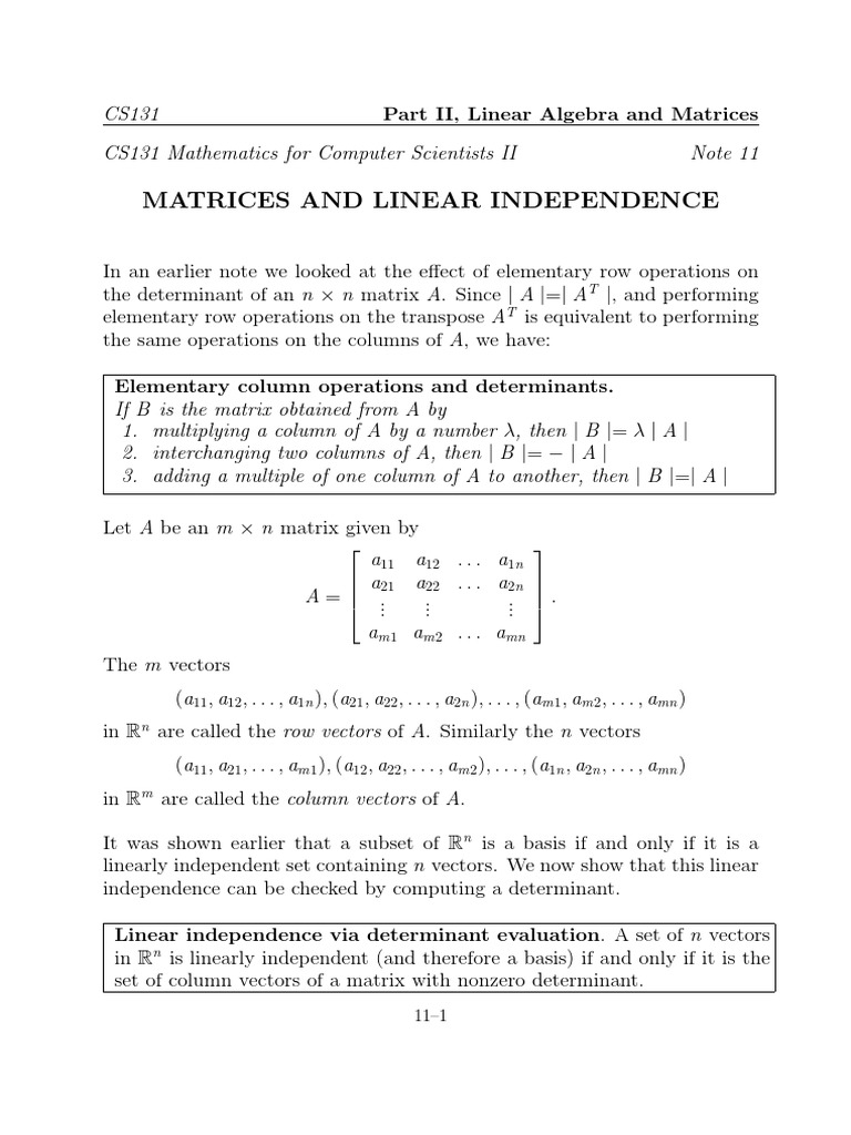 Matrices and Linear Independence | PDF | Determinant | Matrix (Mathematics)