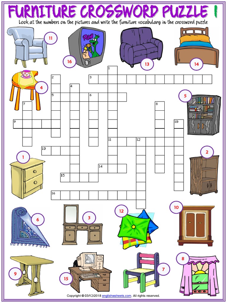Furniture Vocabulary Esl Crossword Puzzle Worksheets For Kids | PDF ...