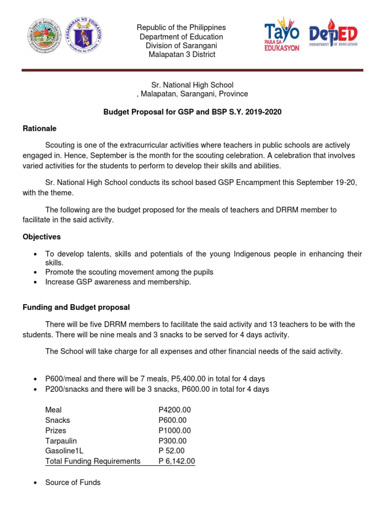 Budget Proposal For GSP and BSP S.Y. 2019-2020 Rationale | PDF