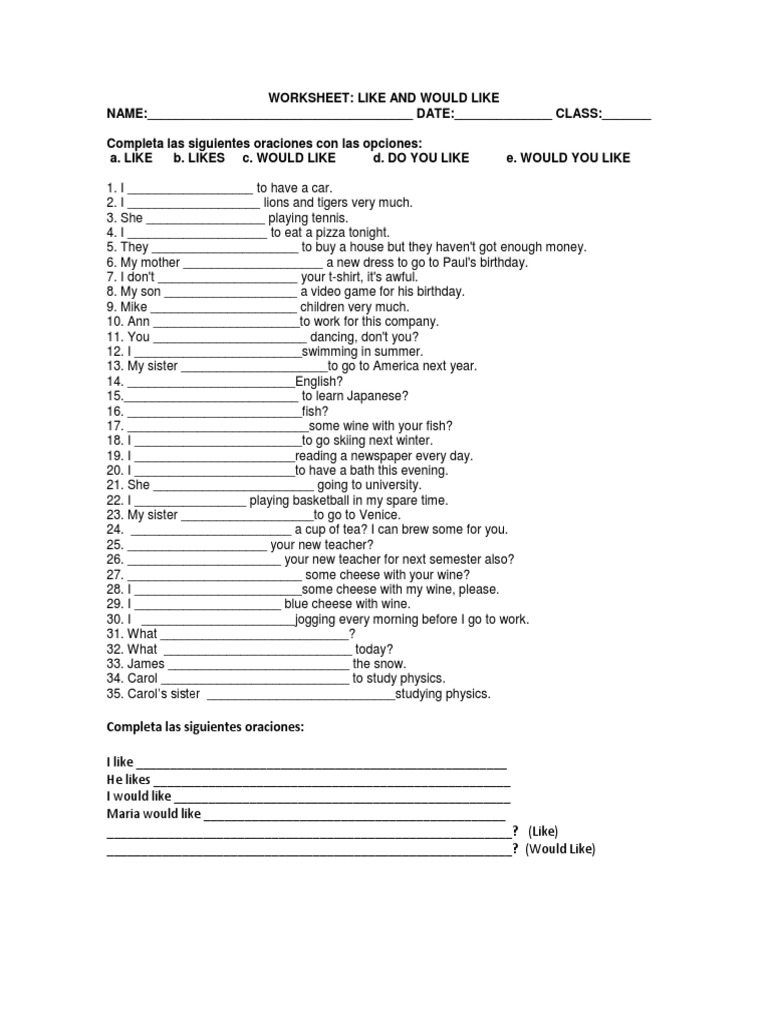 WORKSHEET Like Would Like | PDF