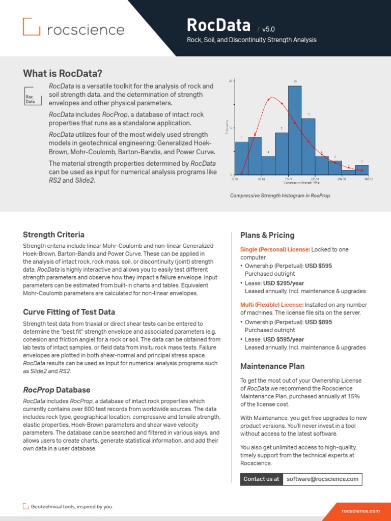 RocData Product Sheet | PDF | Stress (Mechanics) | Geotechnical Engineering