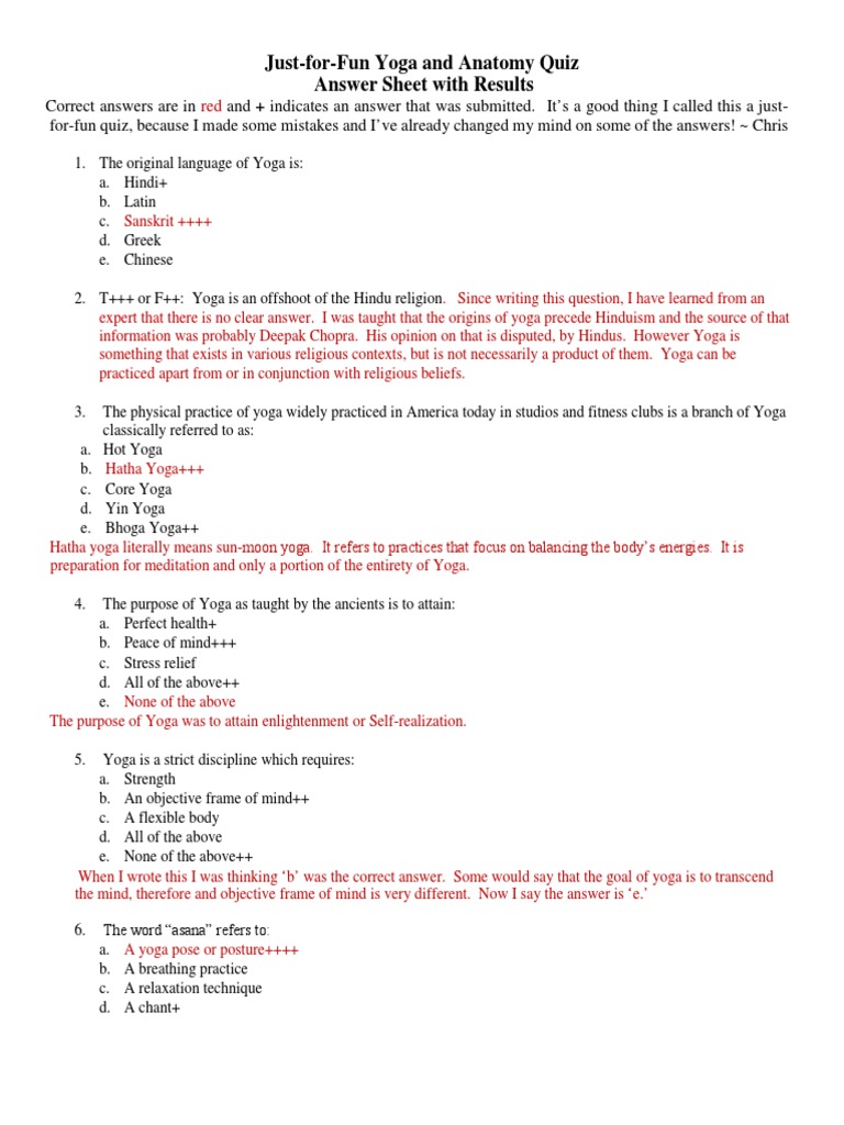 Just-for-Fun Yoga and Anatomy Quiz Answer Sheet With Results | PDF ...
