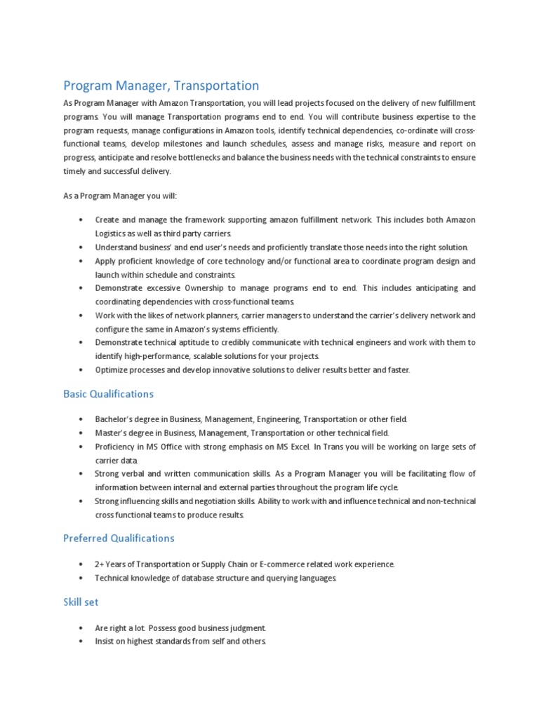 Amazon Transportation Program Manager Role | PDF | Product Lifecycle ...