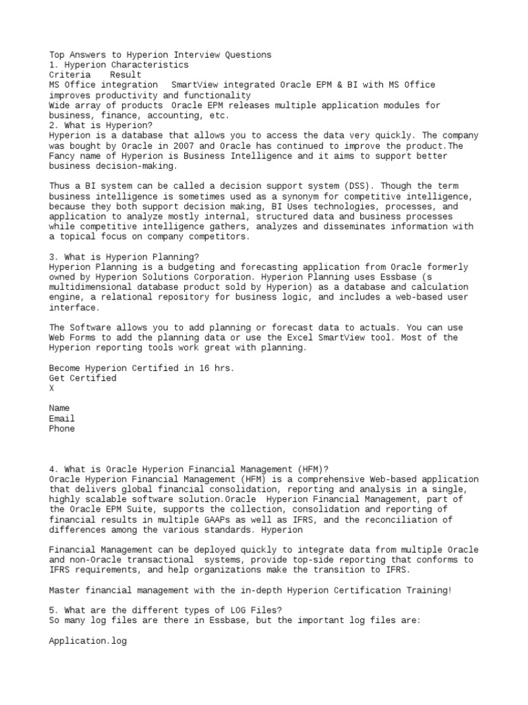 Answers To Hyperion Interview Questions | PDF | Business Intelligence | Oracle Database